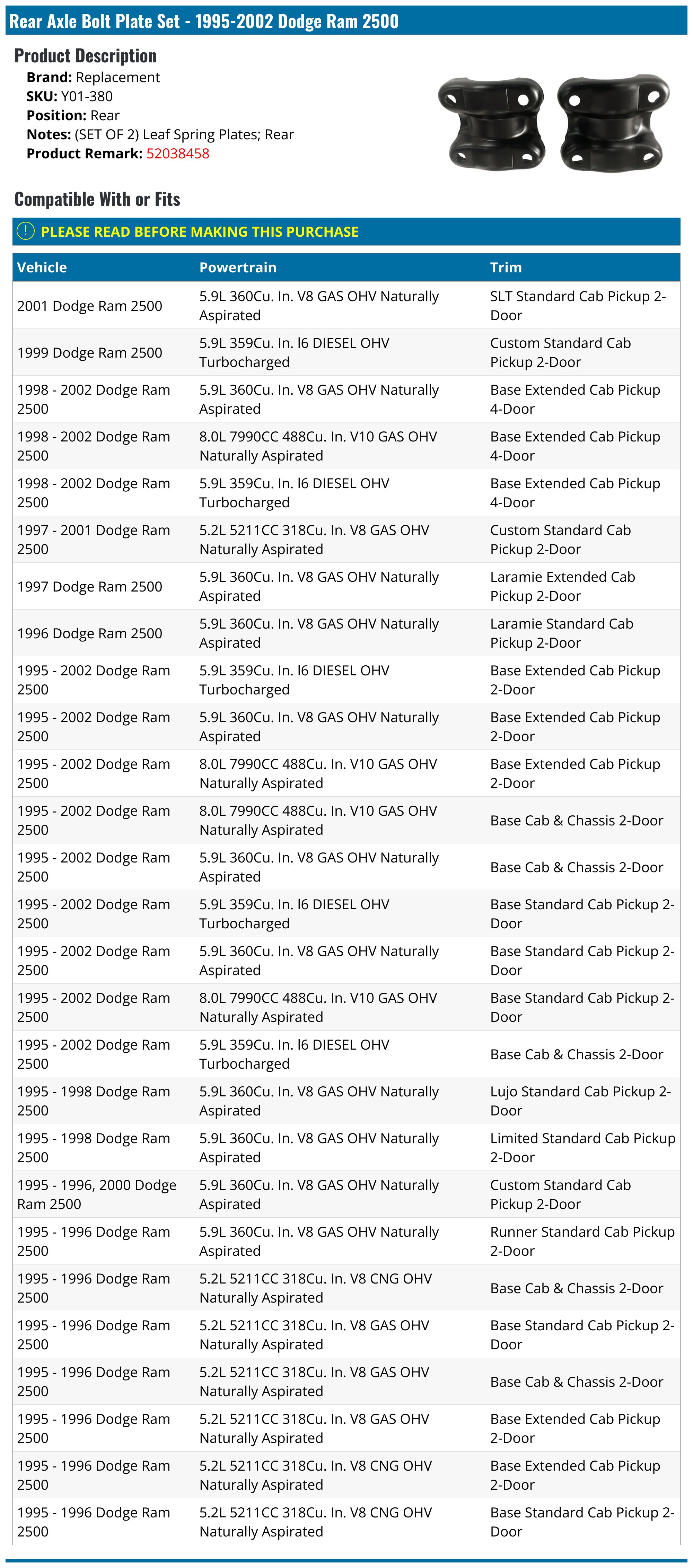 1995-2002 Dodge Ram 2500 Axle Bolt Plate - Replacement Y01-380 - Rear ...
