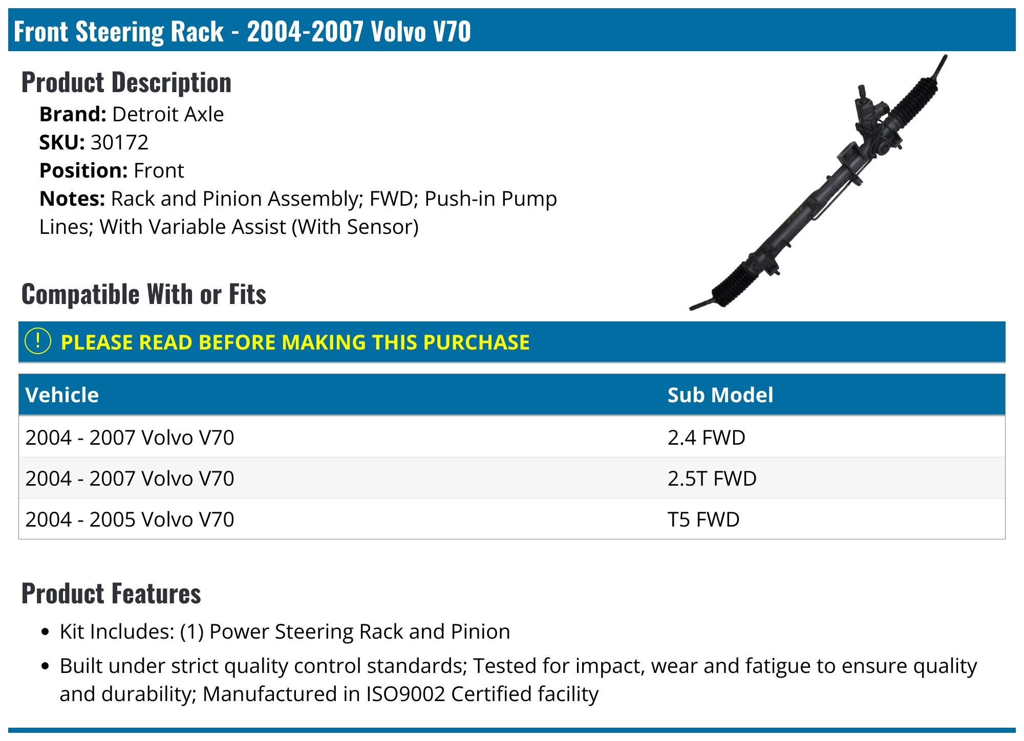 2004-2007 Volvo V70 Steering Rack - Detroit Axle 30172 - Front ...