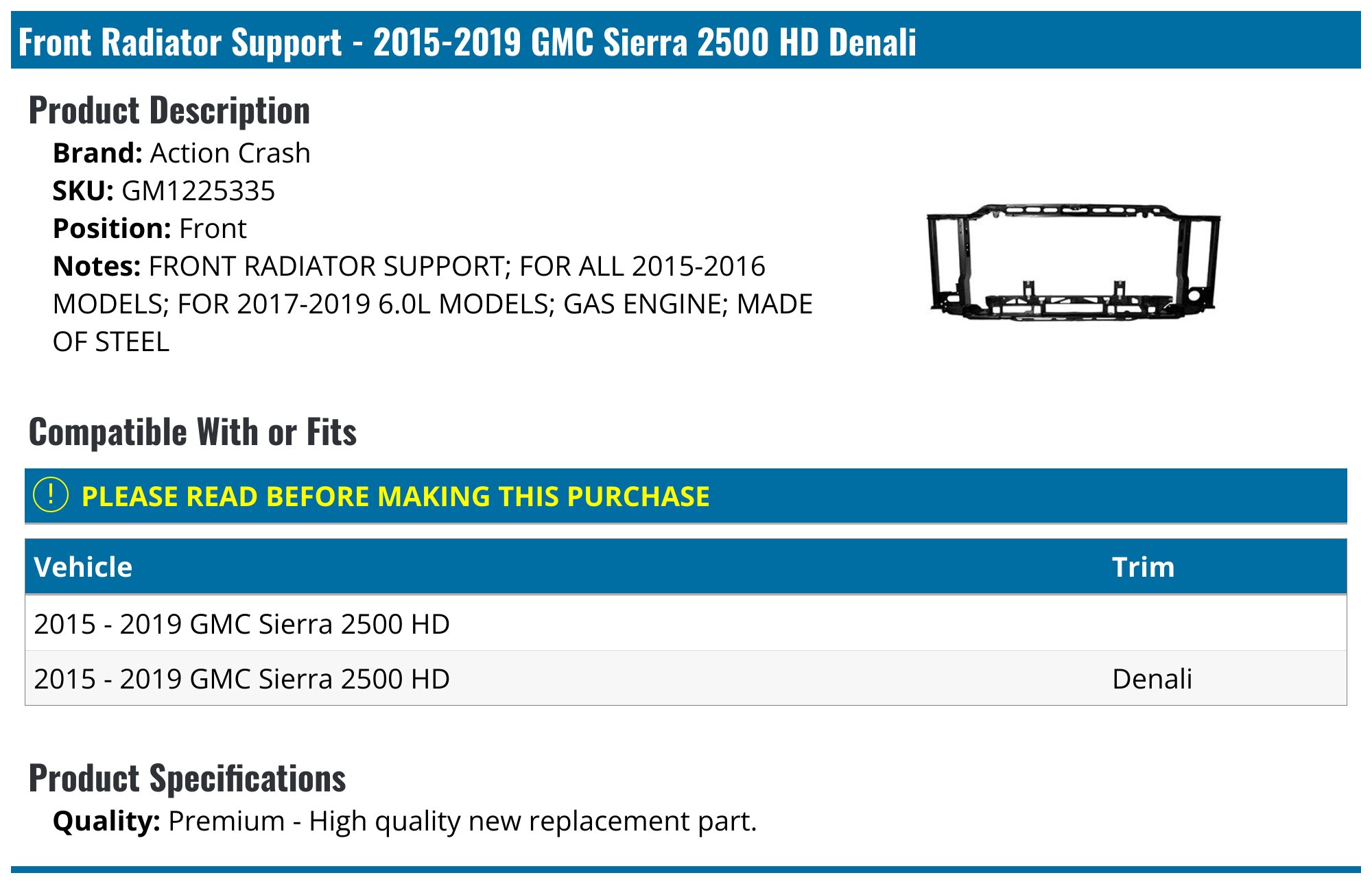 2015-2019 GMC Sierra 2500 HD Radiator Support - Action Crash GM1225335 ...