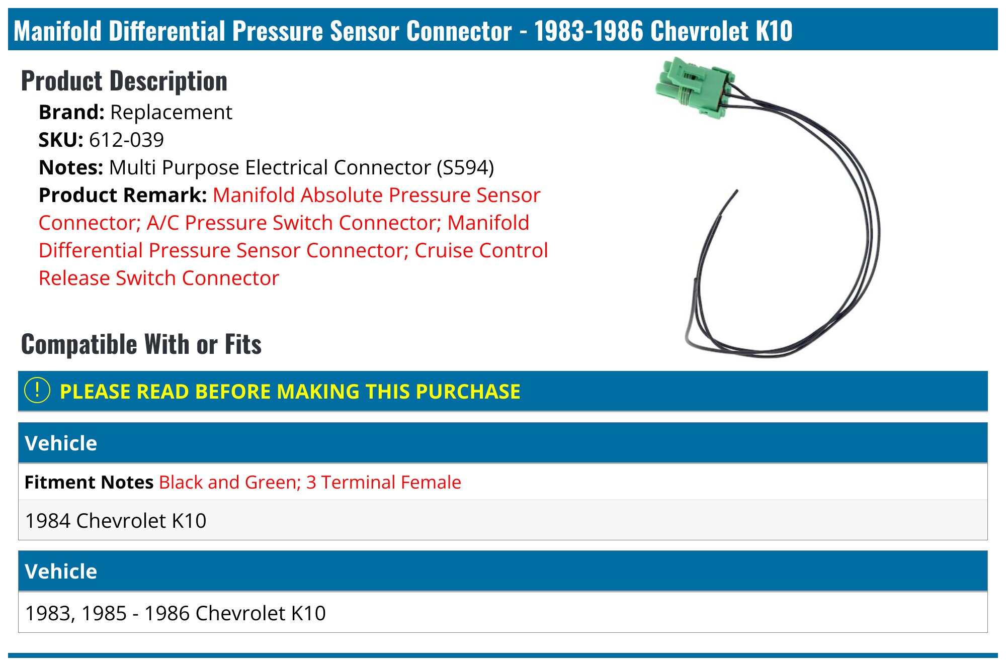 1983-1986 Chevrolet K10 Manifold Differential Pressure Sensor Connector ...