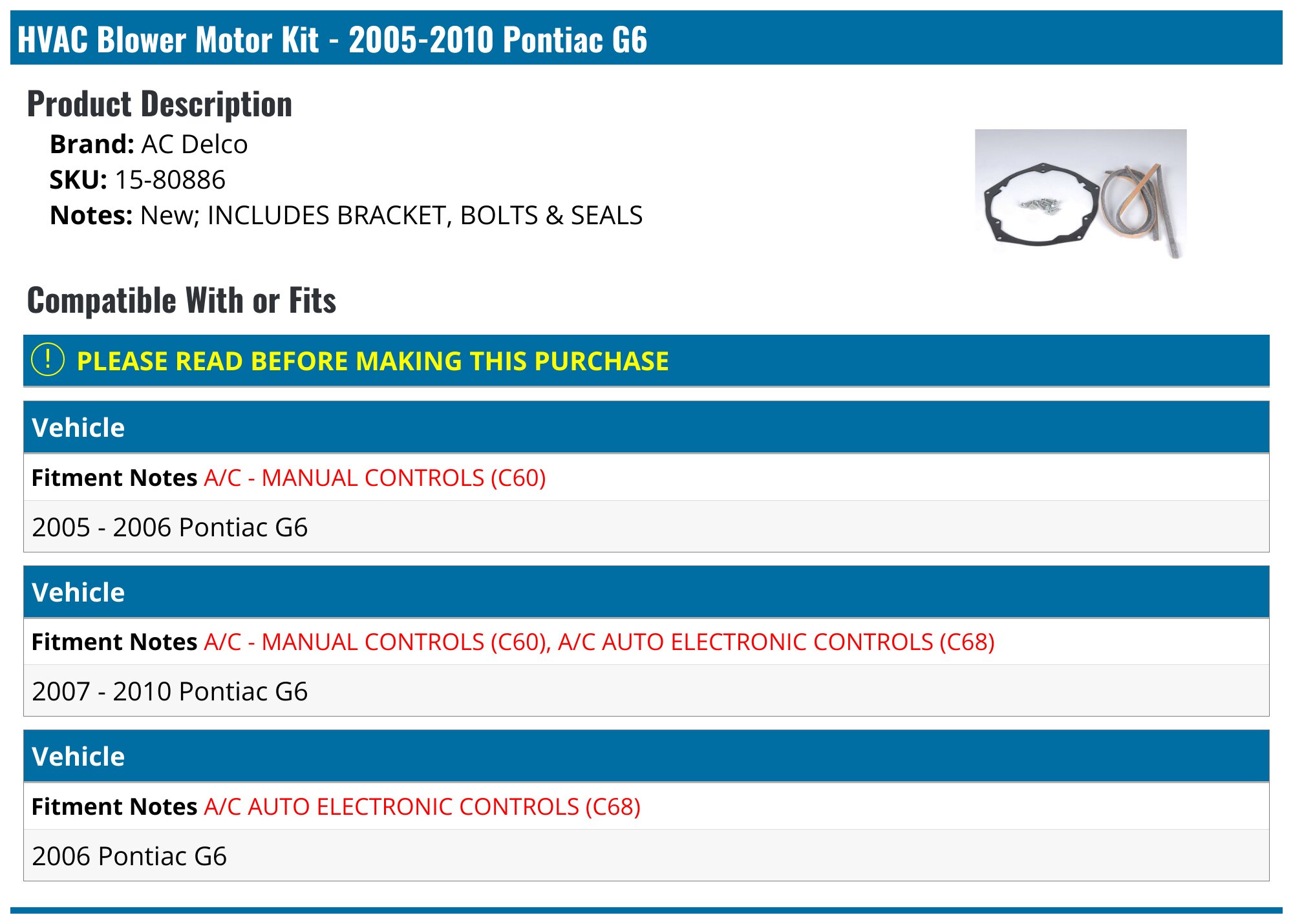 2005-2010 Pontiac G6 Blower Motor - AC Delco 15-80886 - PartsGeek.com